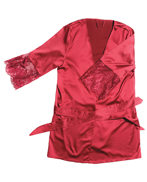 7224 Stretch Satin Robe w/Eyelash Lace Sleeve Merlot One Size