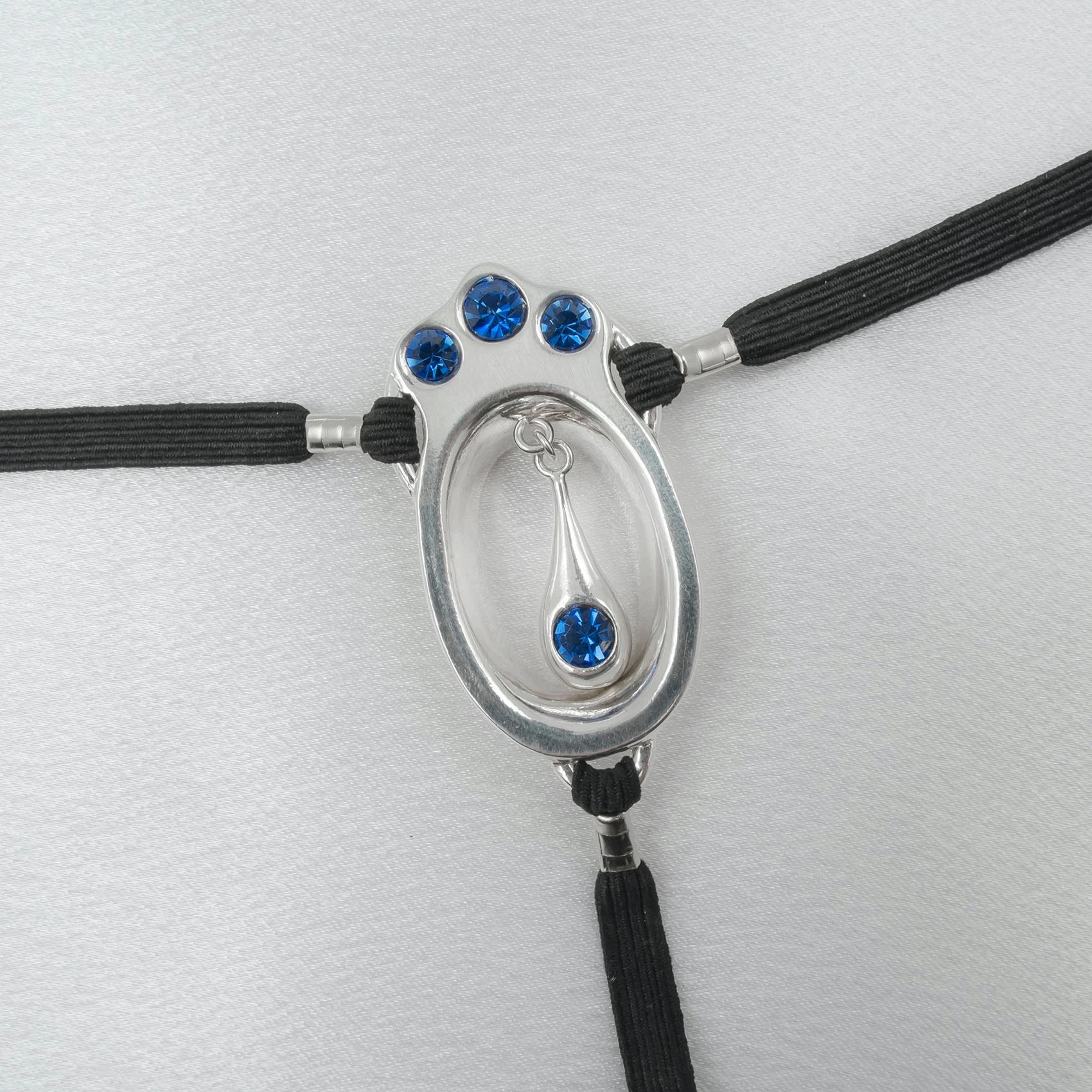 Sapphire Crystal Jeweled Silver G-String with Clitoral Pendant