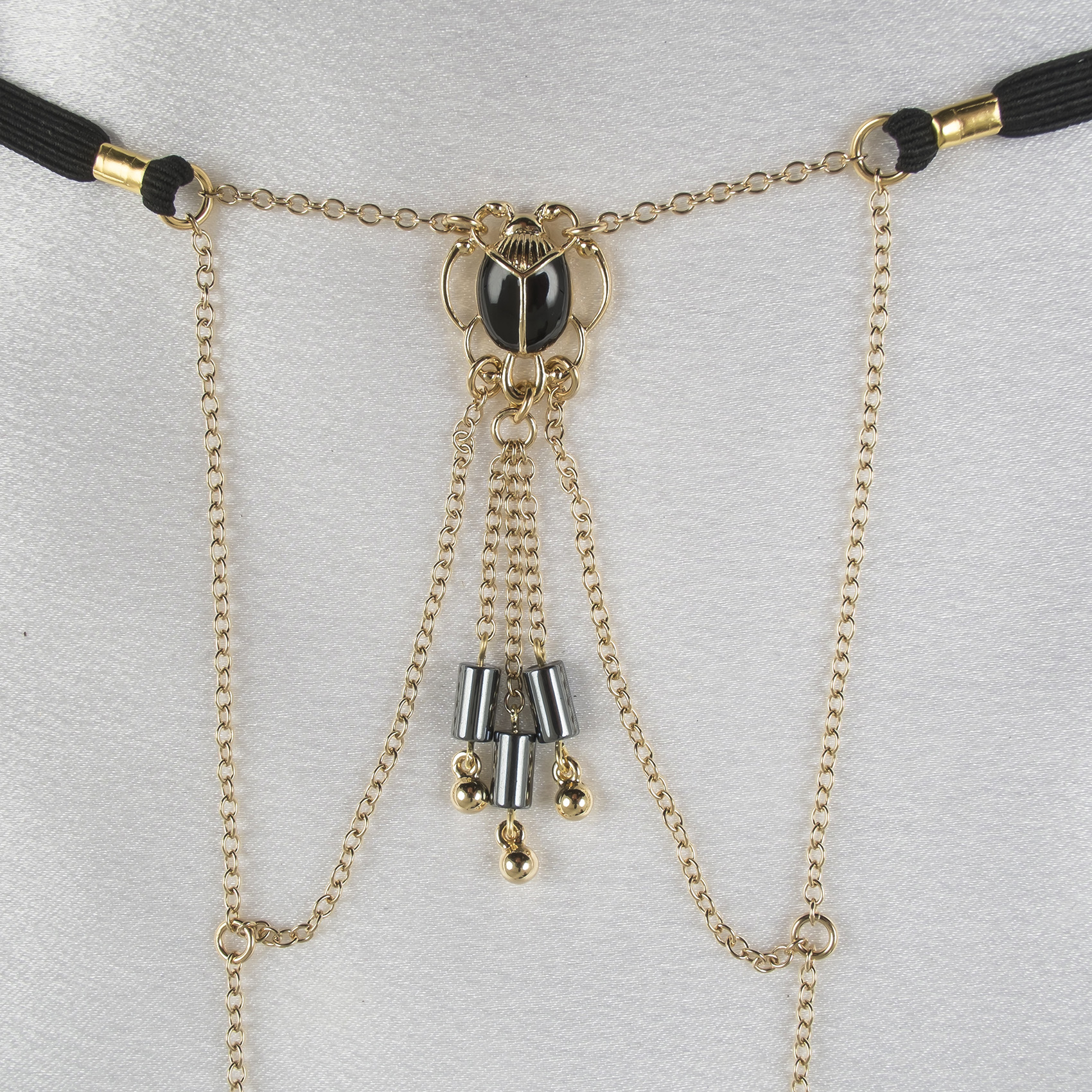 Scarab G-String with Hematite Pleasure Pendants in Gold or Silver